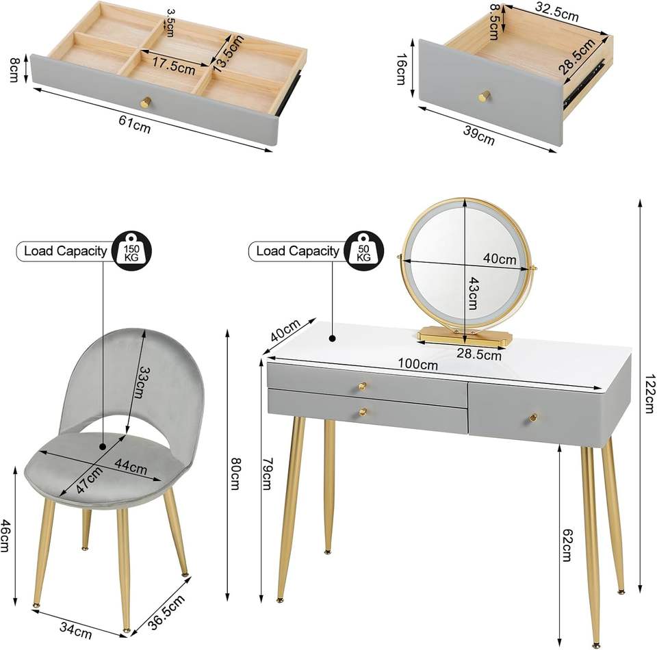 Modern Grey Dressing Table LED Mirror Adjustable Brightness 3 Drawers ...