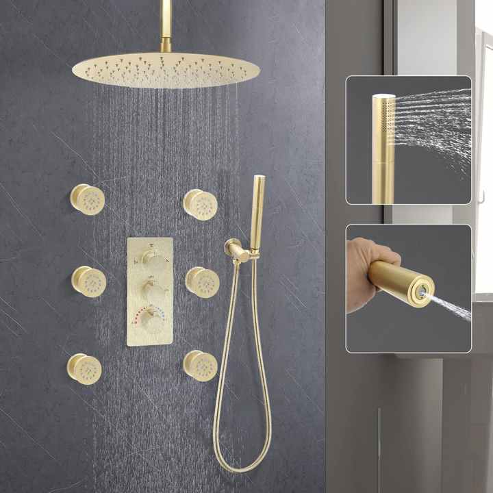 Brushed Gold Rain Shower System with Body Jets 16 Inch Round Rain ...