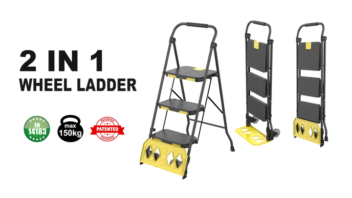 Modern Ladder Folding Step Stool Steel Wide Platform Ladder With Wheels ...