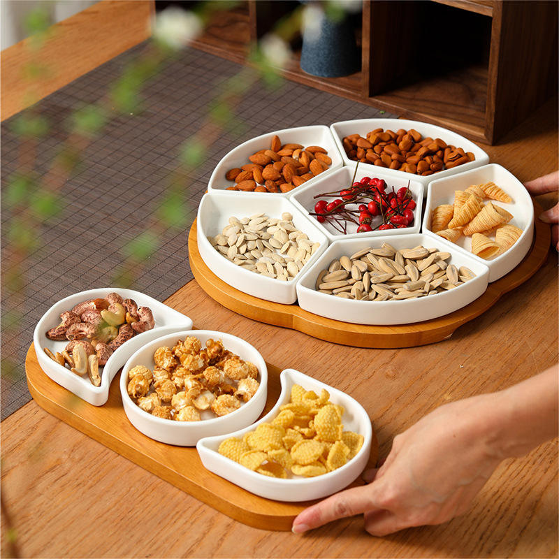 Ceramic Snack Serving Tray Multi Compartment Bamboo Serving Platter ...