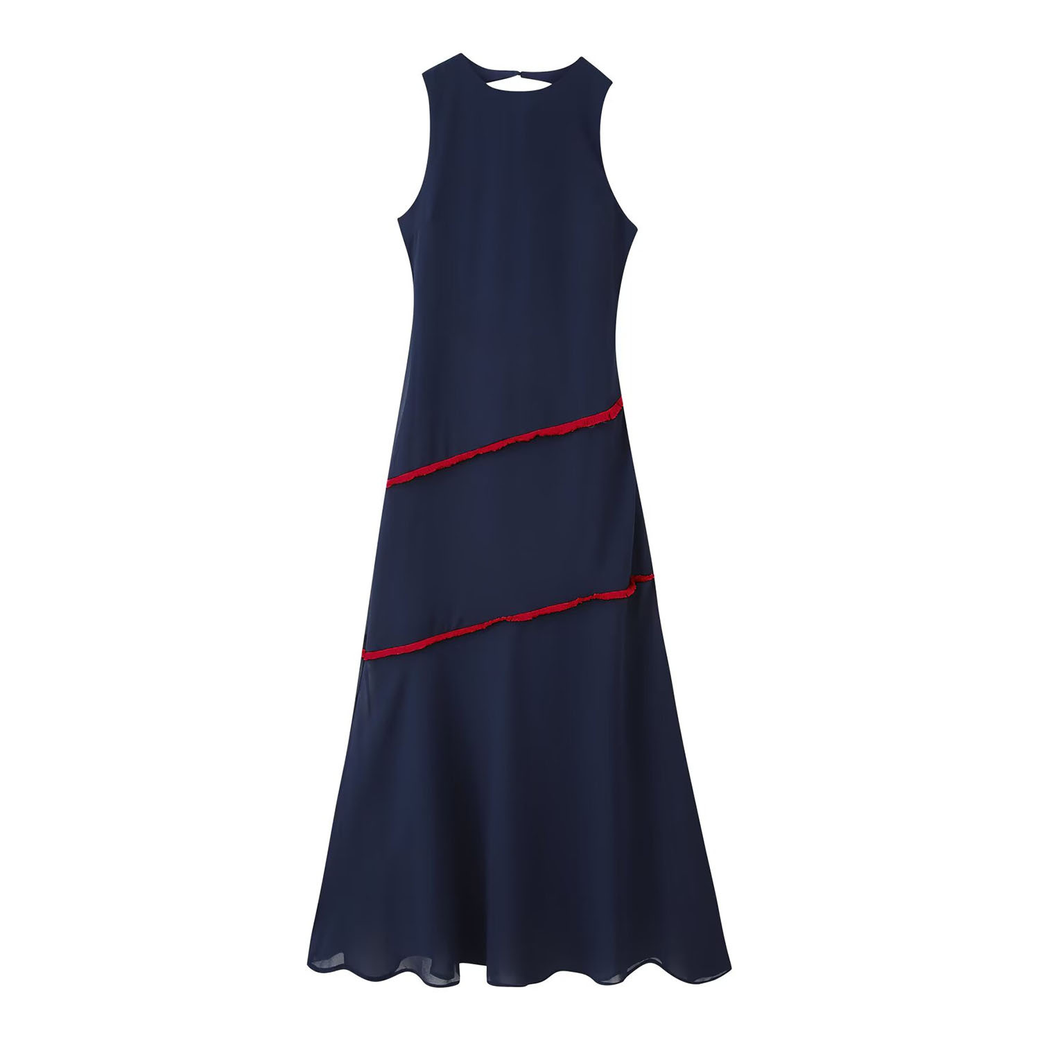 Women Sleeveless Color Contrast Stripe Midi Dress Cutout Back a Line ...