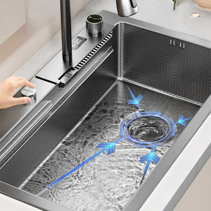 Modern Black Waterfall Rainfall Single Bowl Kitchen Sink Set ...