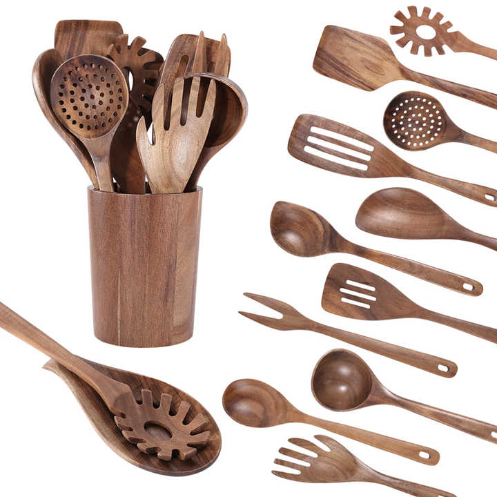 Manjia 12 Pack Kitchen Utensil Set BFLW01 With Holder Natural Wooden ...