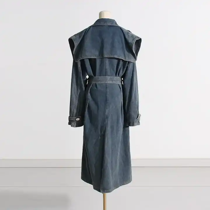 Women's Blue Denim Turn Collar Jacket Fashion Trench Belt Waist Button ...