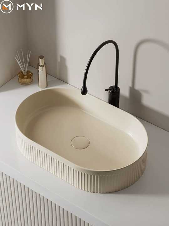 Modern Butter Yellow Groove Flute Design Above Counter Lavabo Bathroom ...