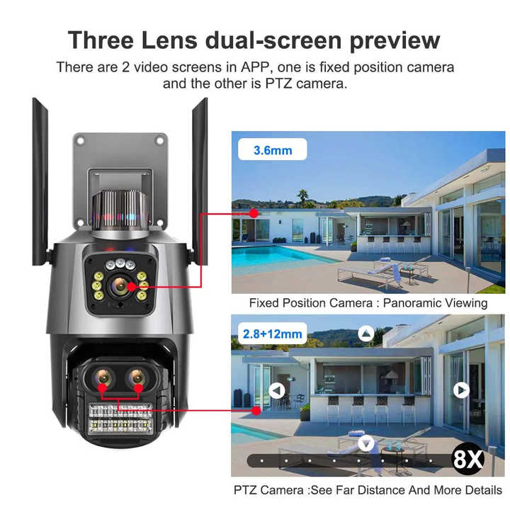 4K 9MP IP ICsee P2 Outdoor HD Three Lens Dual Screen Wifi PTZ Auto ...