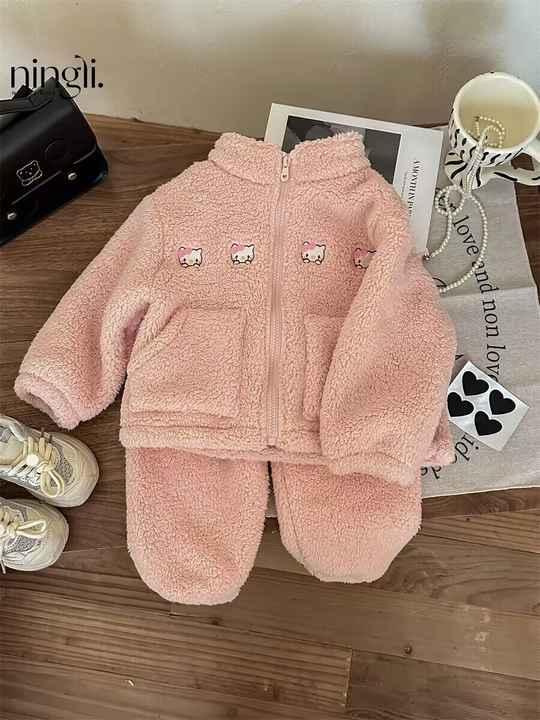Autumn and Winter Girl 2 Pc Suit Polar Fleece Pajamas Thickened Pants ...