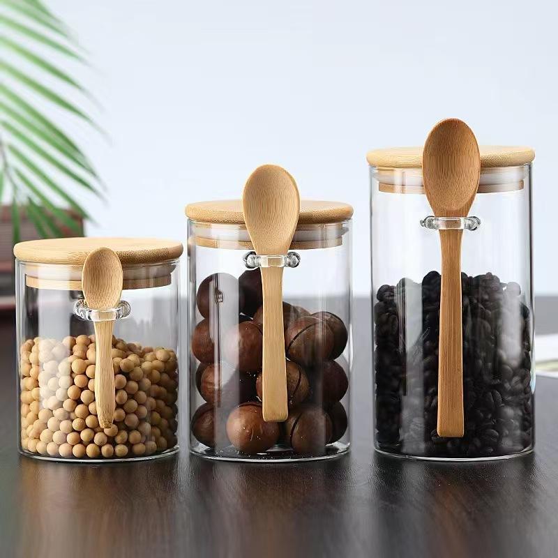 Bamboo Lid Spoon Bamboo Stand Round Sealed High Borosilicate Food Spice Coffee Kitchen Glass ...