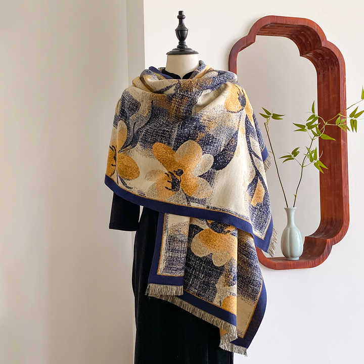 Retro Modern Jacquard Scarf - Checkered Floral Design, Elegant Fringe ...