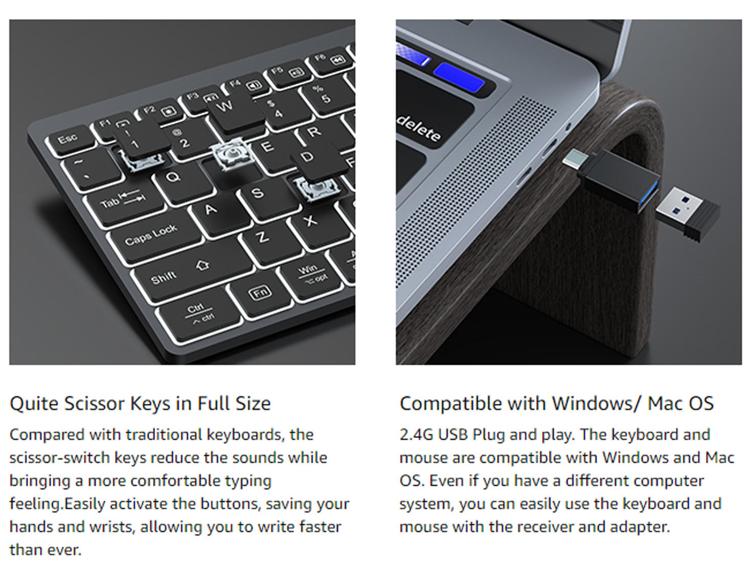 Full Size Rechargeable Backlit Keyboard Silent Wireless USB Keyboard ...