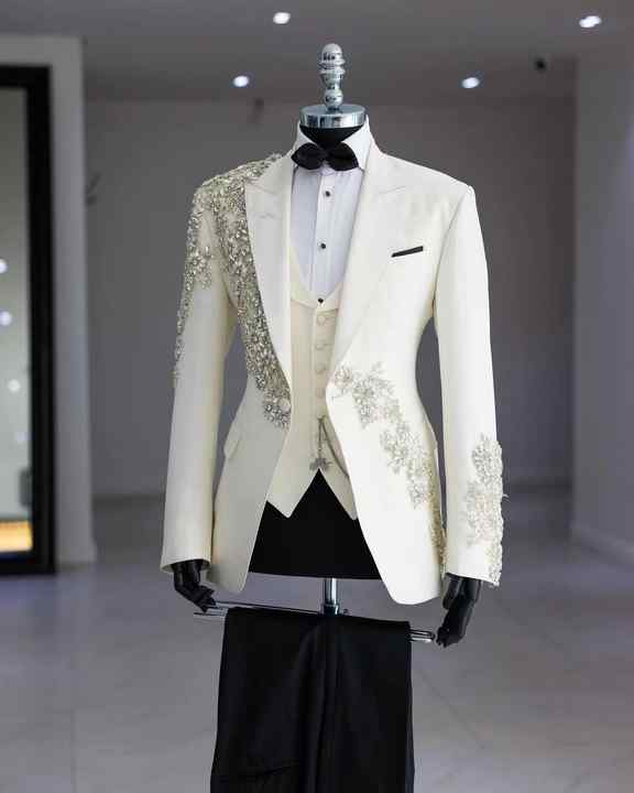 Custom Tailor Rhinestone Shiny Wedding White Suit for Men
