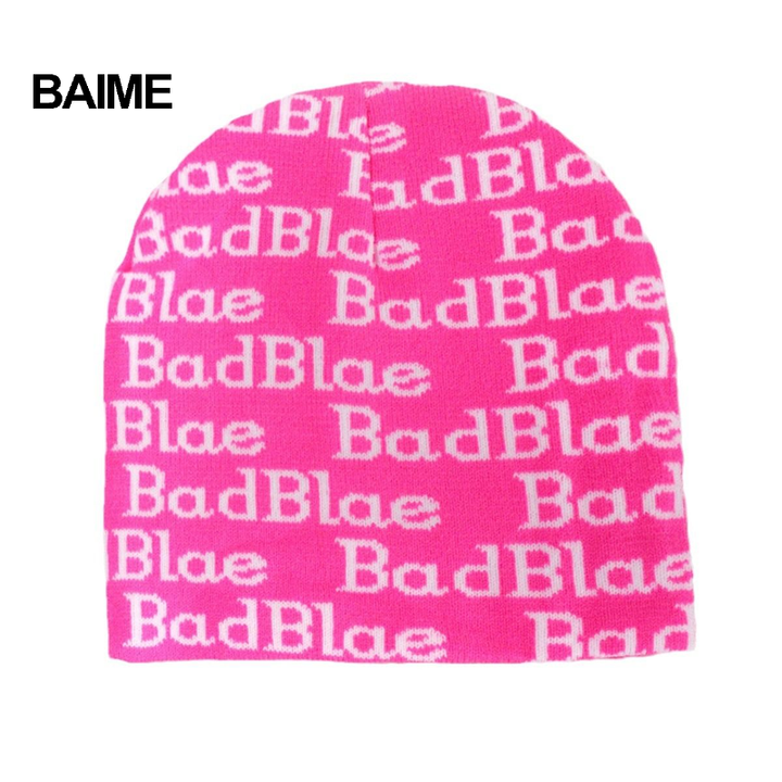 Words All Over Intarsia Print Jacquard Woven Knit Winter Cuff Beanie ...