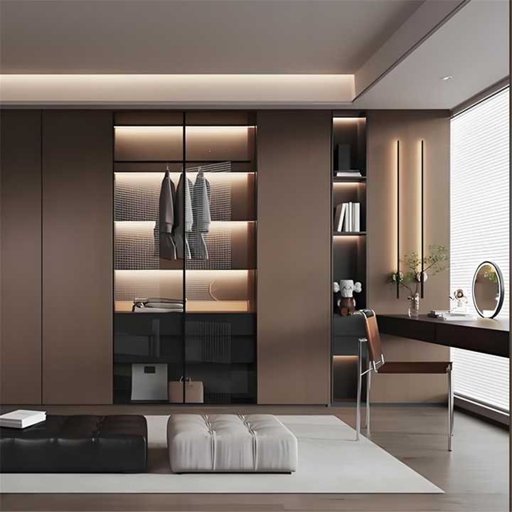 High - End Sliding Door Wardrobe with LED Lighting & Gold Detailing ...