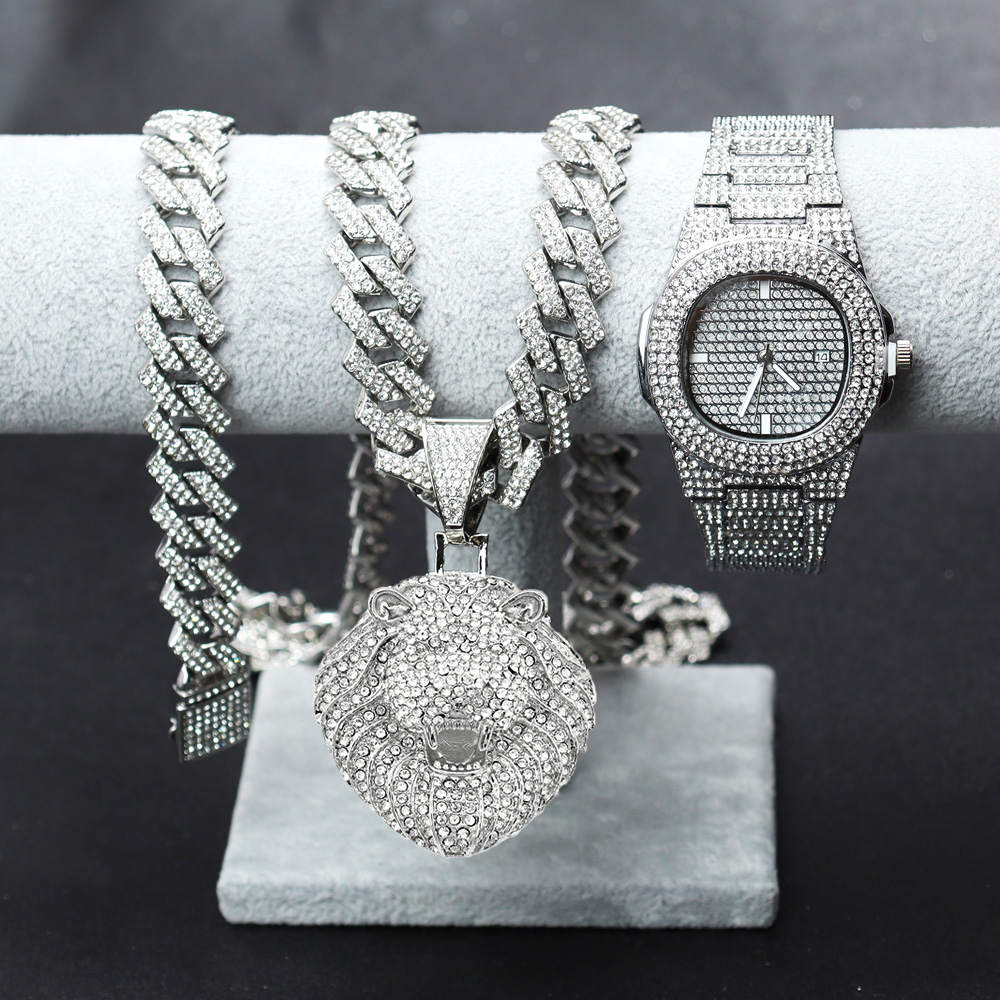 Cuban Link Chain Men Watches Bracelet Set - Stylish Silver Watch Gift ...