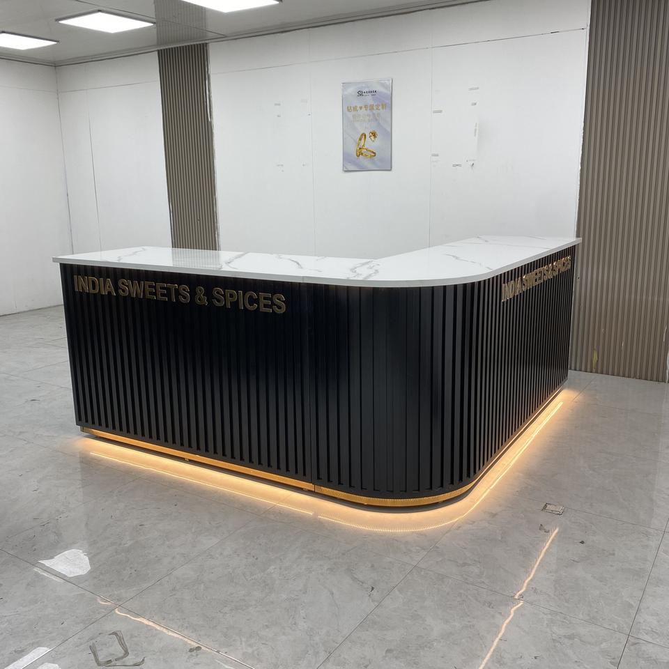 Curved Glass Display Cabinet LED Strip Lighting Black Fluted Front ...