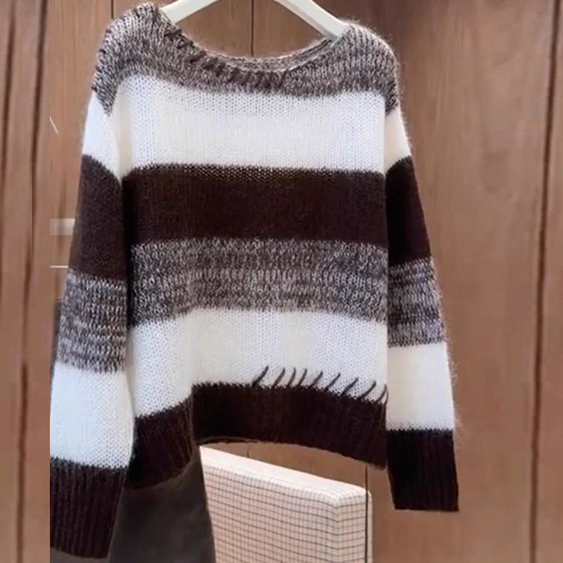 Casual Slouchy Wool Anti-Pilling Breathable Coffee-Colored Striped Crew ...