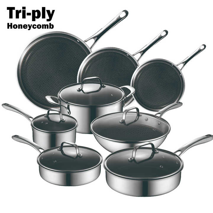 Ss304-alu-ss430 Steel Nonstick Tri-Ply Honeycomb Cookware