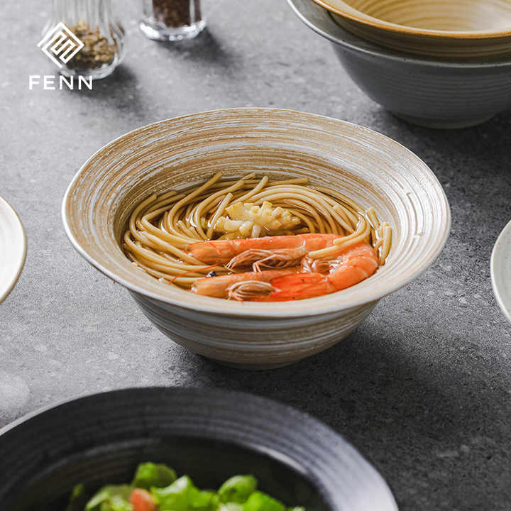FENN Japanese Style Threaded Ball Shape Ceramics Bowl Dinnerware Set 7 ...