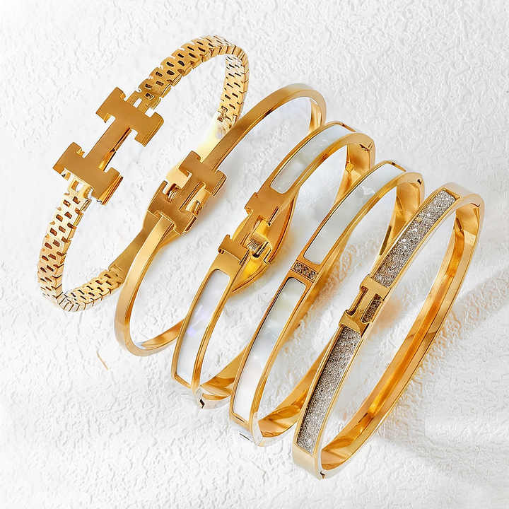 Waterproof 18K PVD Gold Plated H Letter Bangle Bracelet 316L Stainless ...