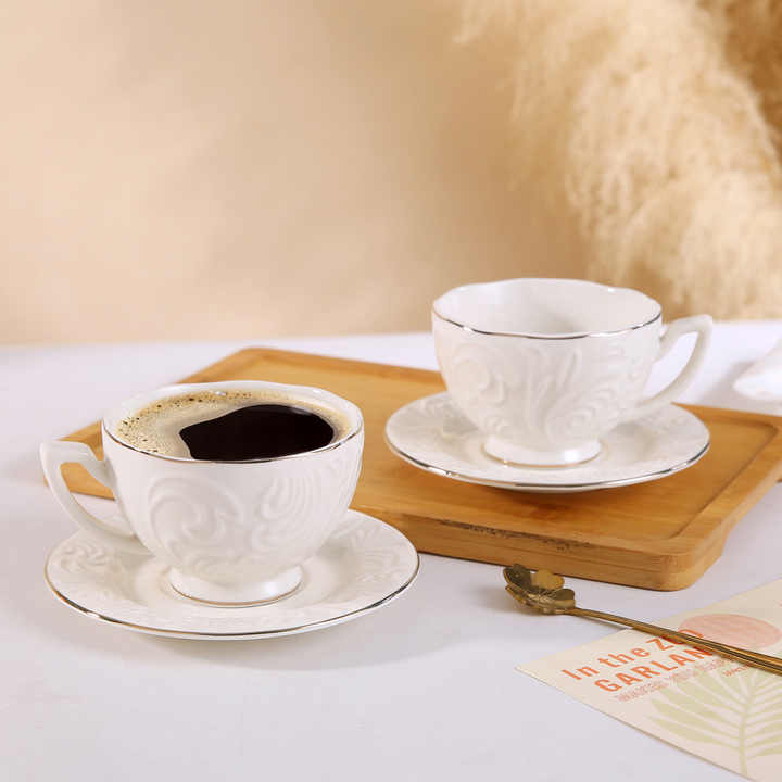 Luxury White Gold Tea Cups Set of 6 Turkish Embossed Coffee Cups Set 220ml Ceramic Tea Gift Set ...