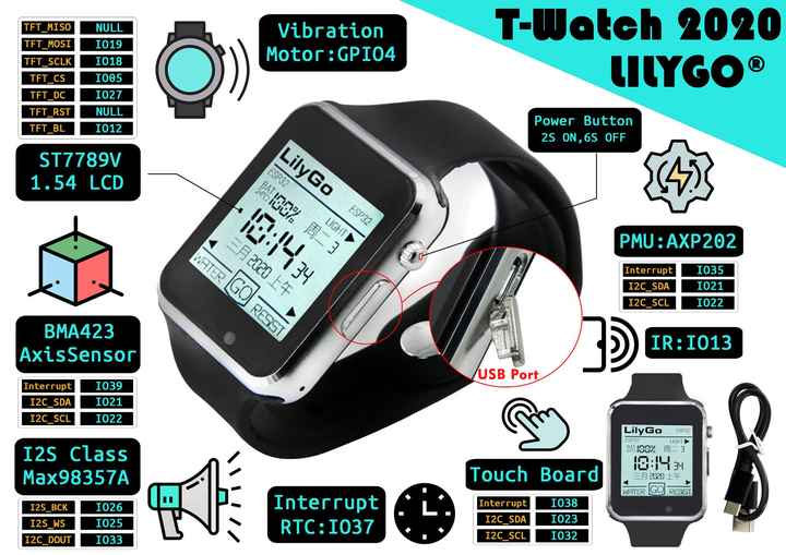 LILYGO T-Watch 2020 ESP32 Bluetooth Wristwatch with 1.54" Display - OEM