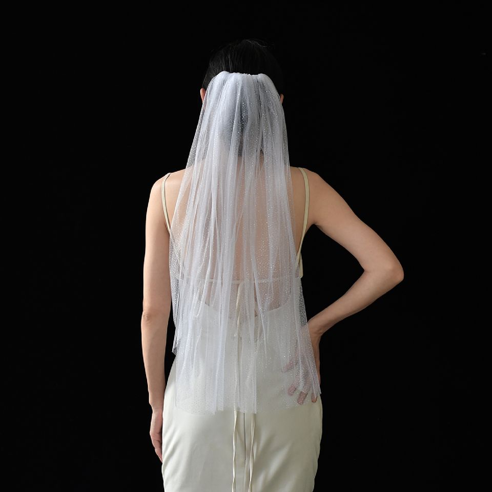 YouLaPan Single-layer Fingertip-length Sheer White Mesh Veil with Metal ...