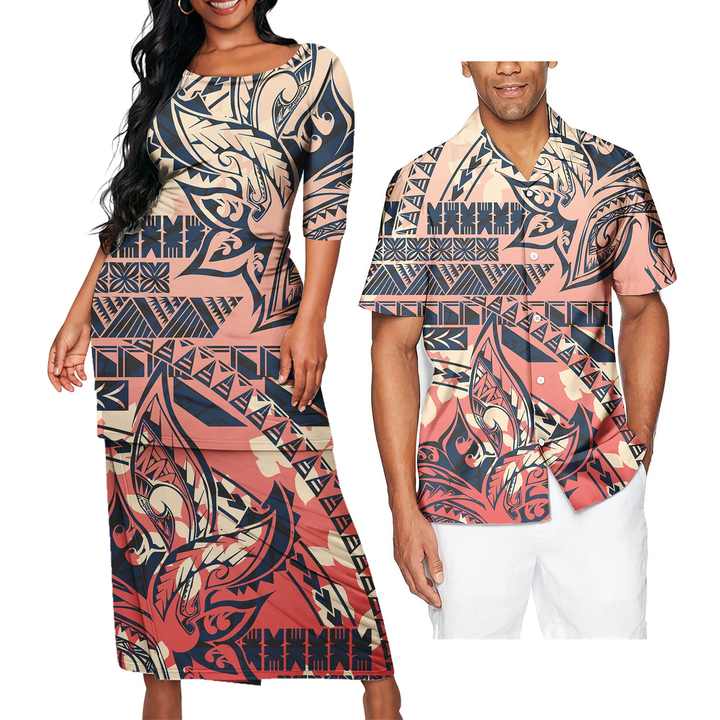 Women Puletasi Dress Men Aloha Shirts Custom Couple Sets Polynesian ...