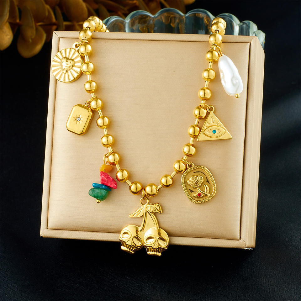 New 18k Pvd Gold Stainless Steel Beads Chain Skull Pendant Necklace ...
