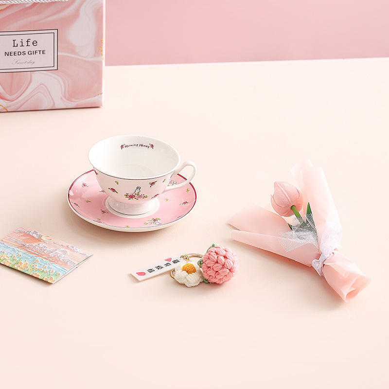 Pink Ceramic Coffee Cup and Saucer Cute Rabbit & Floral Design Girls ...