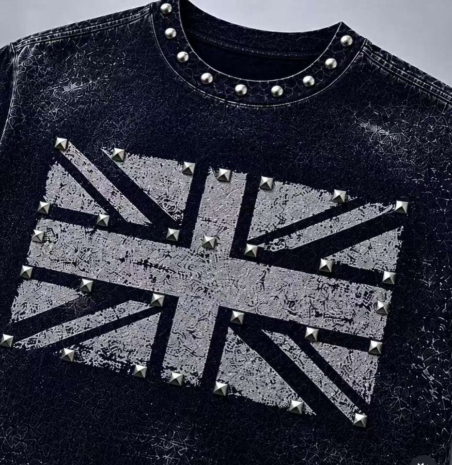 Punk Gothic Union Jack Print Studded T-Shirt Acid Washed Distressed ...