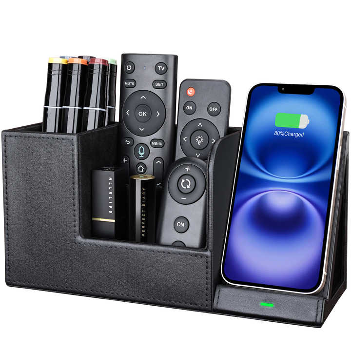 Wireless Charging Desk Organizer 10W PU Leather Pen Holder with Qi ...