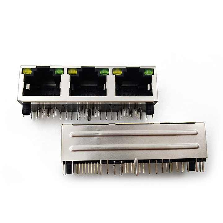 56LED Shielded Modular RJ45 PCB Jack Female 8P8C 1x3 Port Size 48x15.75x13.1mm Right Angle DIP ...