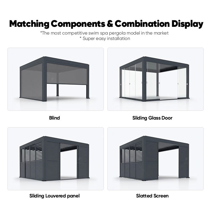 Gray Luxury Motorized Aluminum Pergola Modern Louver Roof Waterproof ...