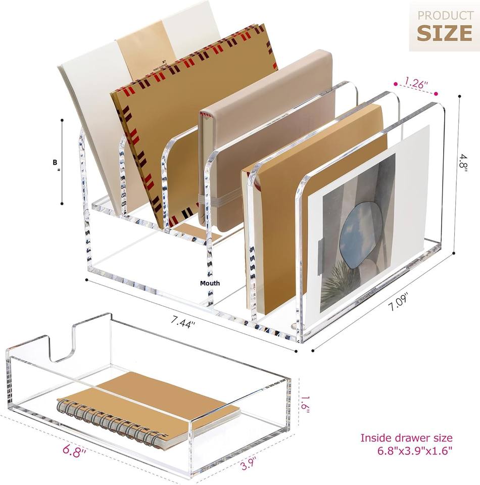 Acrylic Mail Sorter Desktop Organizer 5-Compartment Clear Drawer for ...