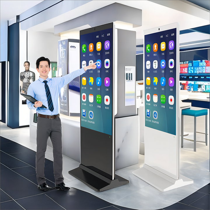 Uhd 4k 플로어 스탠드 디지털 간판 디스플레이 광고 Lcd 안드로이드 43 55 65 인치 와이파이 소프트웨어 Cms 터치 스크린 키오스크 토템 가격