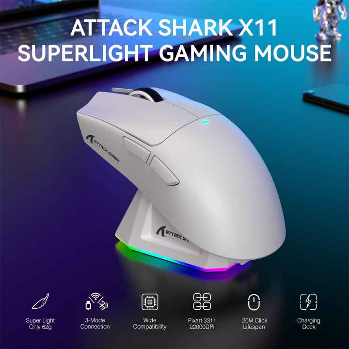 ATTACK SHARK X11 Lightweight Wireless Gaming Mouse with RGB Charging ...