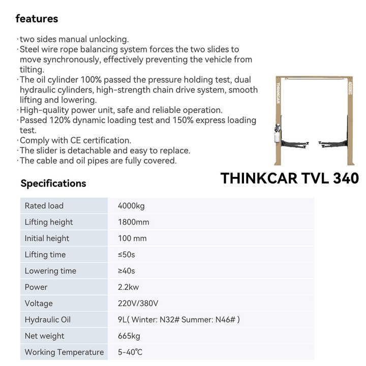 Car Lift THINKCAR TVL 340 Two Post Car Lift Hydraulic Lift 4000KG ...