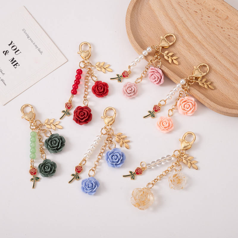 Cartoon Style Rose Flower Keychain Tassel Rose Pendant Key Ring & Bag ...