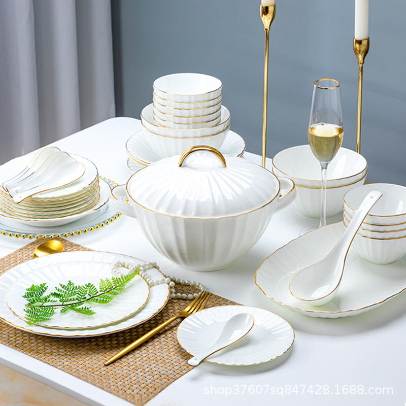 Luxury 50 Pcs Fine Bone China Dinnerware Set - White Plates, Bowls ...