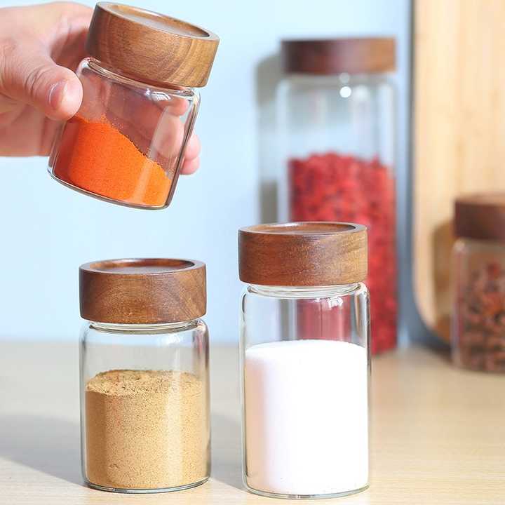 High Quality High Borosilicate Glass Food Storage Jar with Solid Wood Screw Lid Acacia Wood Lid ...