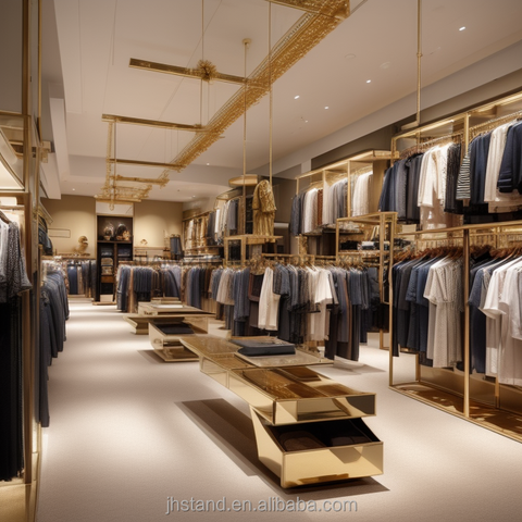 Clothes Shop Customized LOGO Garment Rack Stand Shelf Golden Clothing ...