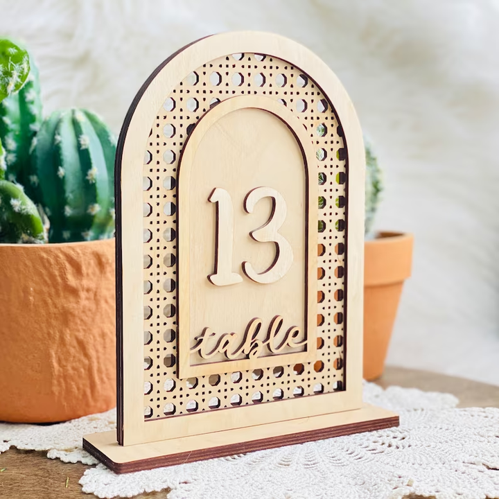 Custom Boho Wedding Signage - Rattan Wooden Table Numbers