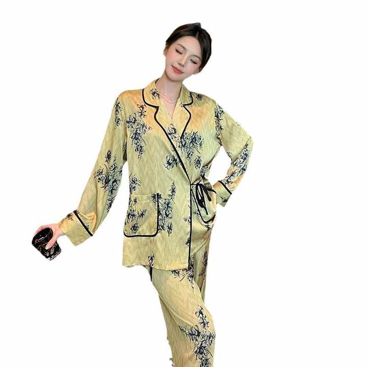 2024 Autumn Women's Silk Pajamas Satin Long Sleeve Pants Two-piece ...