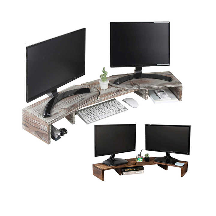 Rustic Wood Dual Monitor Stand - Adjustable & Stylish