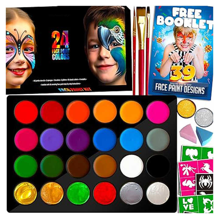 24 Colors Safe and Easy to Use Face Paint Kit for Kids,Stencils, Book ...