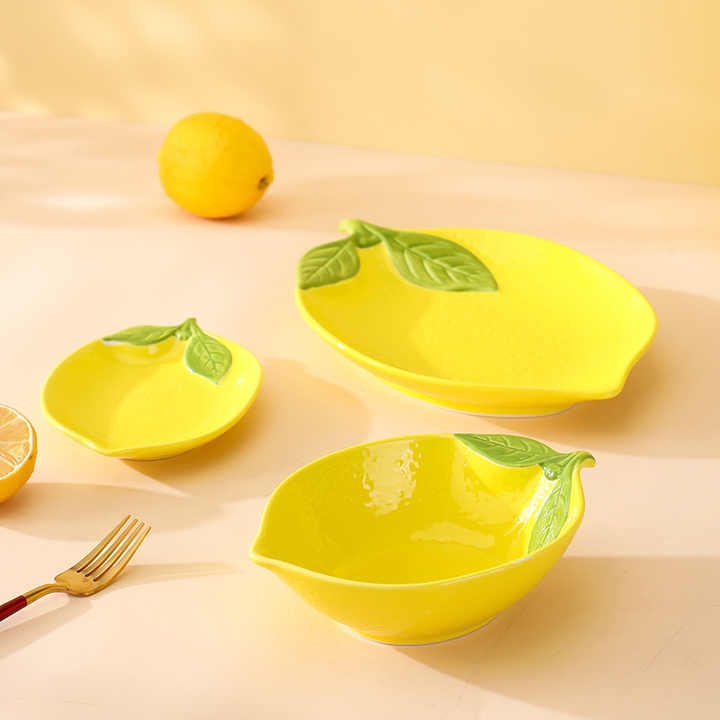 Lemon-Shaped Ceramic Serving Set Hand-Painted Citrus Theme Bowl ...