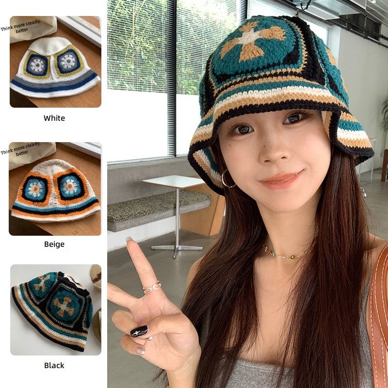 Handmade Crochet Knit Bucket Hat Hollow Out Cross Pattern Face Slimming ...