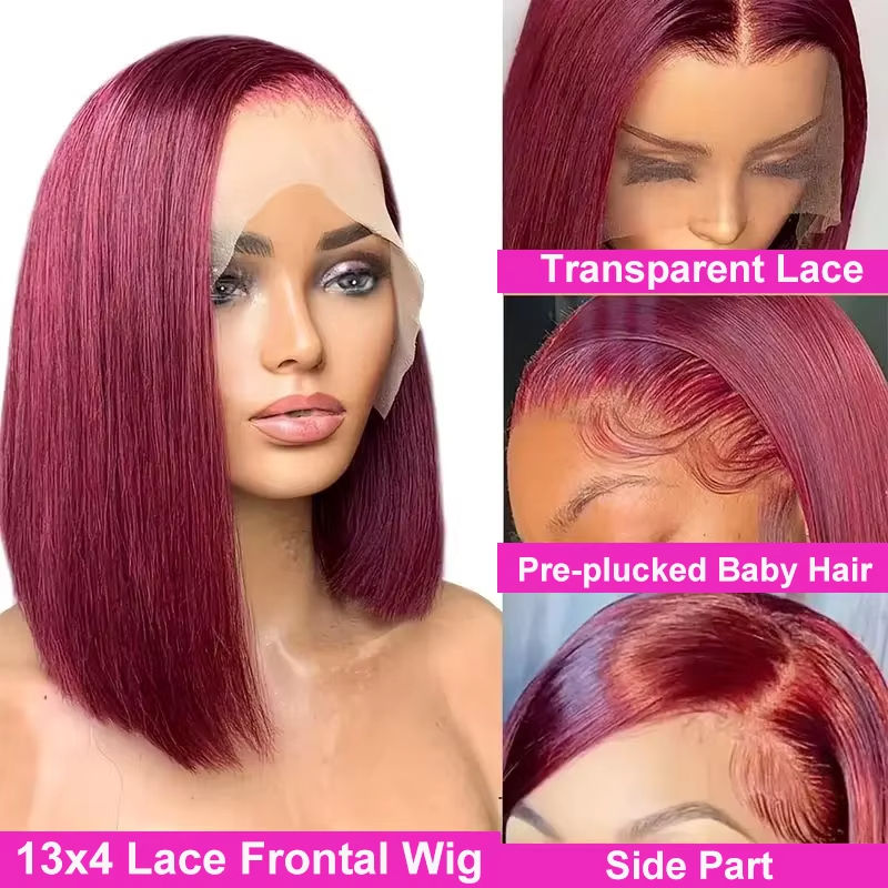 99J Burgundy Bob Wig 13x4 Lace Front, Pre-Plucking Straight Human Hair ...