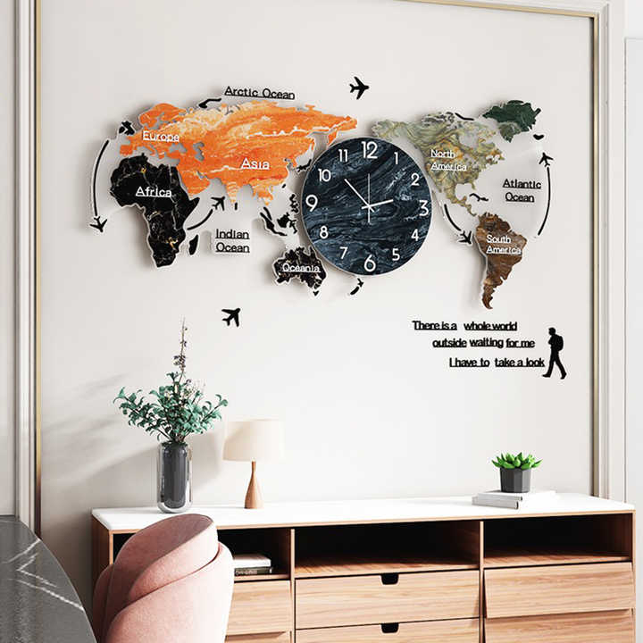 Modern World Map Large Wall Clock for Living Room Luxury