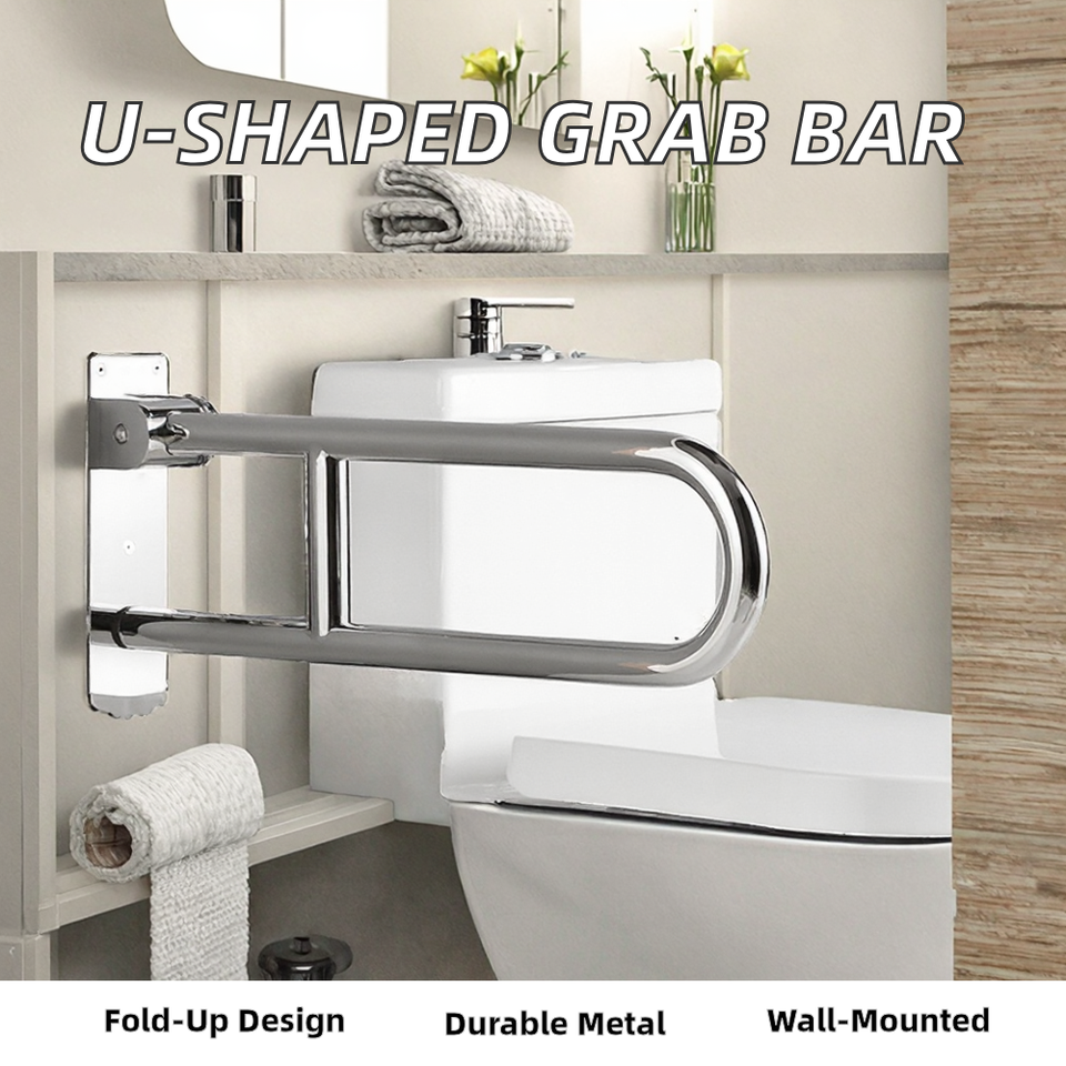 U-Shaped Stainless Steel Toilet Handrail Flip-Up Bathroom Folding Grab ...